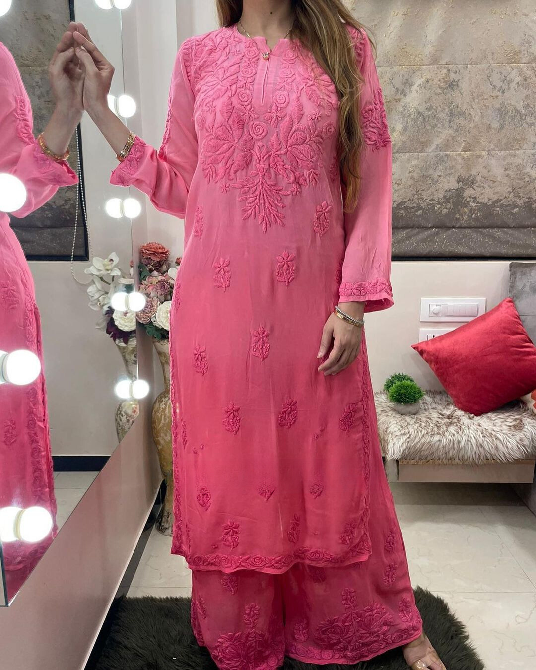 Gajari Pink Viscose Georgette Chikankari Kurta With Palazzo Set - PinkSaree
